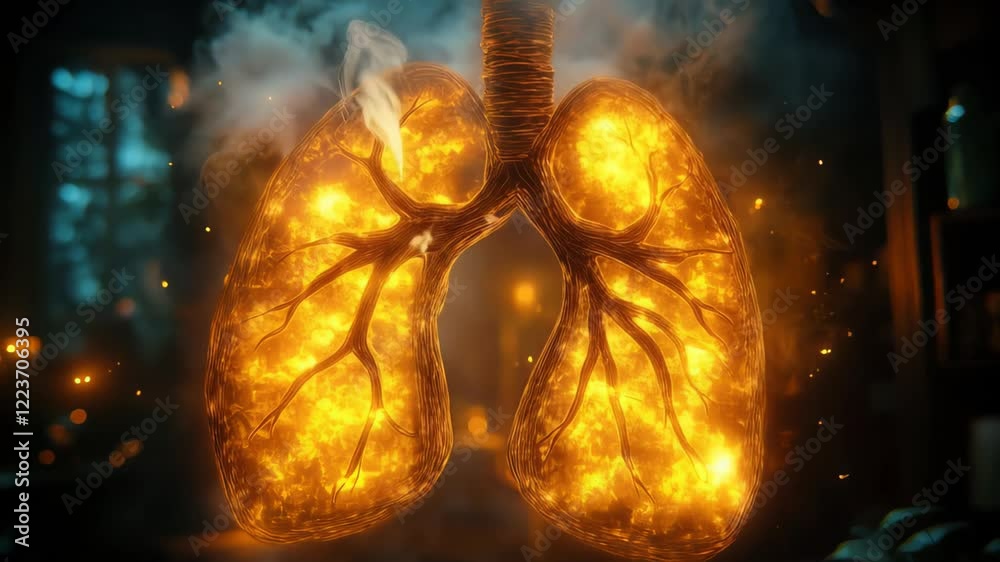 glowing, fiery representation of human lungs surrounded by smoke and ...