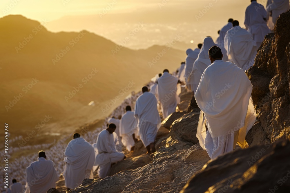 Pilgrims in white robes ascending rocky mountain during Hajj at sunrise ...