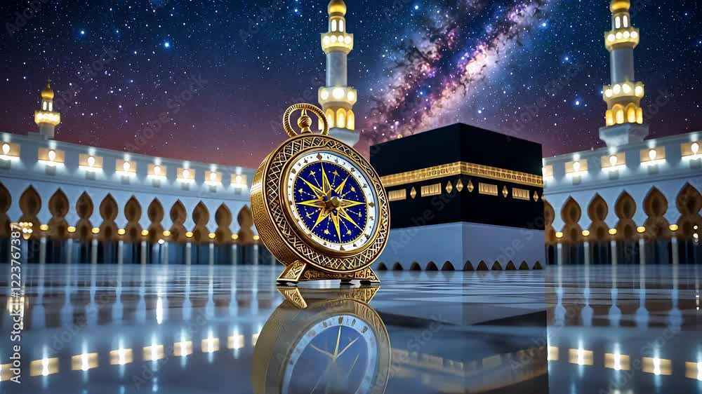 Vidéo Stock Golden Compass on a Reflective Floor Facing the Kaaba in ...