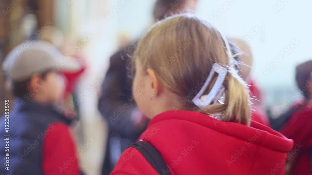 Group of kids children on excursion in a museum gallery, school pupils ...