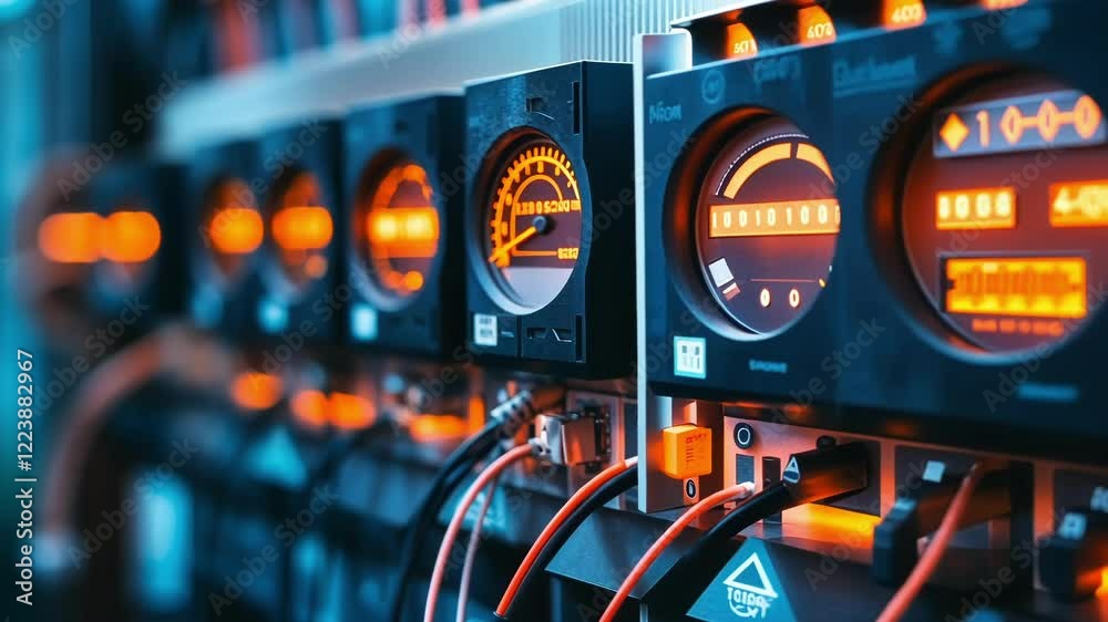 Illuminated control panel displaying performance indicators and ...