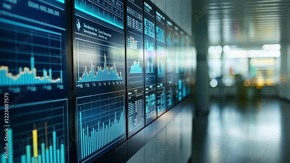 Multiple screens displaying real time production data and key ...