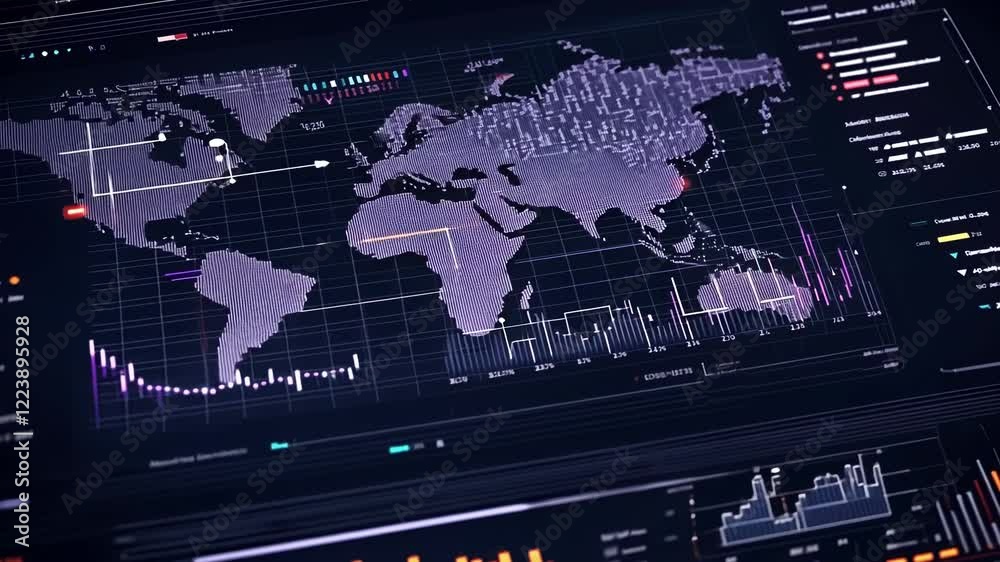 Complex manufacturing data visualized on a futuristic screen interface, featuring a world map ...