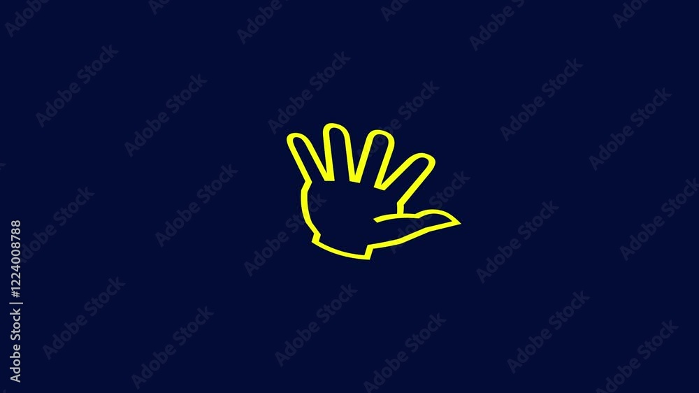 Neon Open hand, palm neon sign.Caution animation with hands icon, stop ...