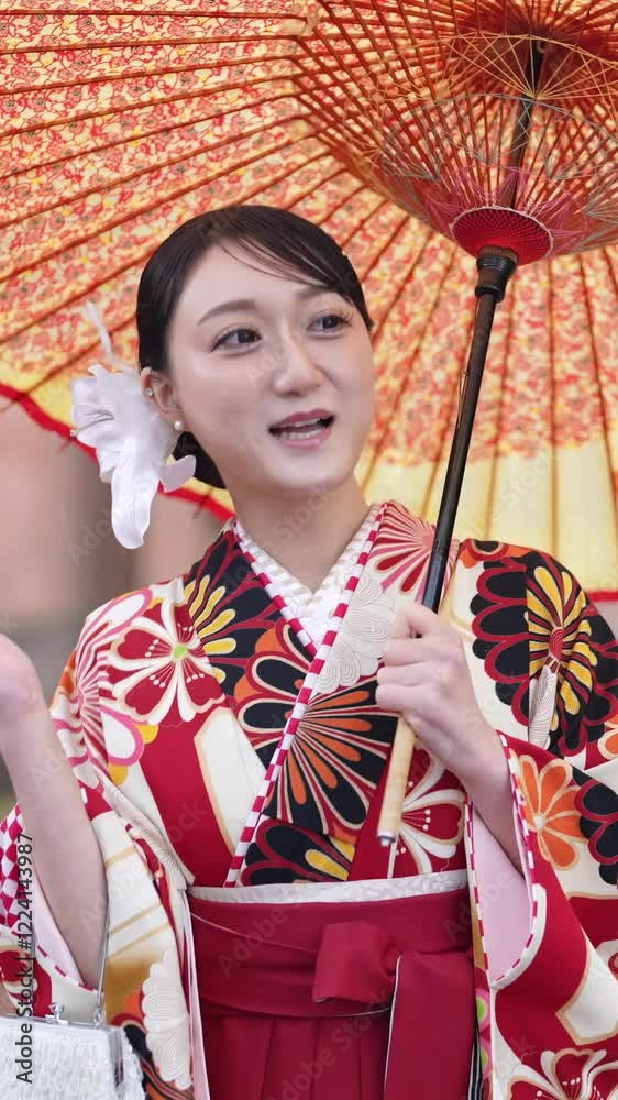 Young women in their 20s wear traditional hakama (kimono) in Japan ...