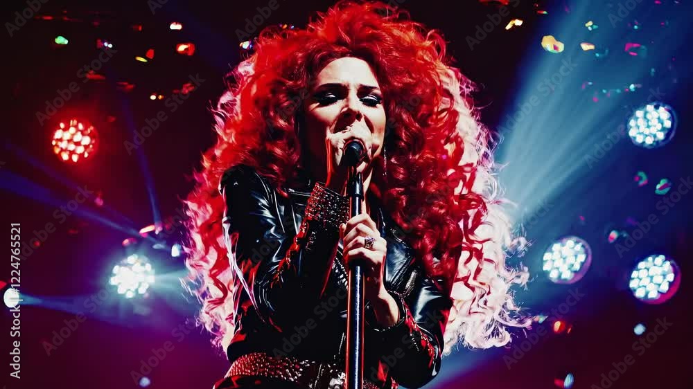 Female rockstar performing with passionate energy, wearing black ...