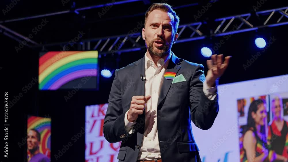 Male advocate wearing a suit with rainbow flag pin, passionately ...