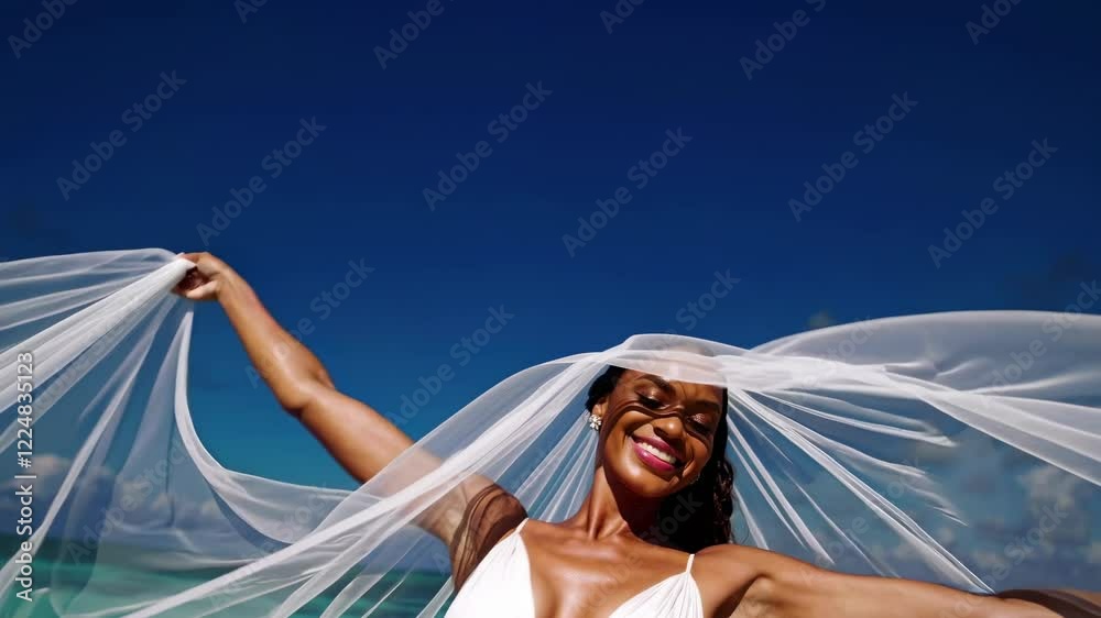 Bride wearing billowing white dress playing with wedding veil while enjoying carefree moment on ...