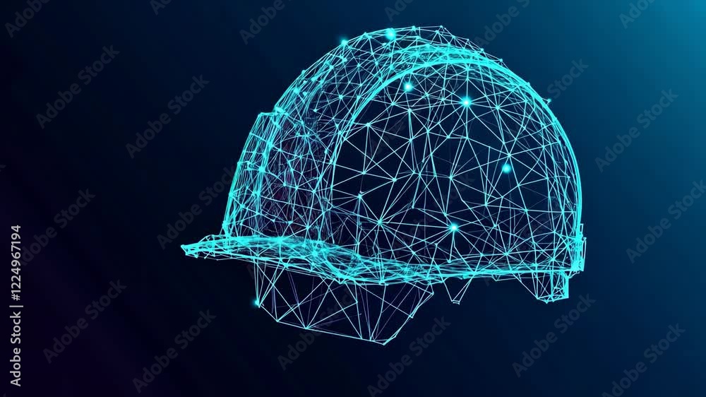 hard hat helmet industry object work low poly wireframe blue lines ...