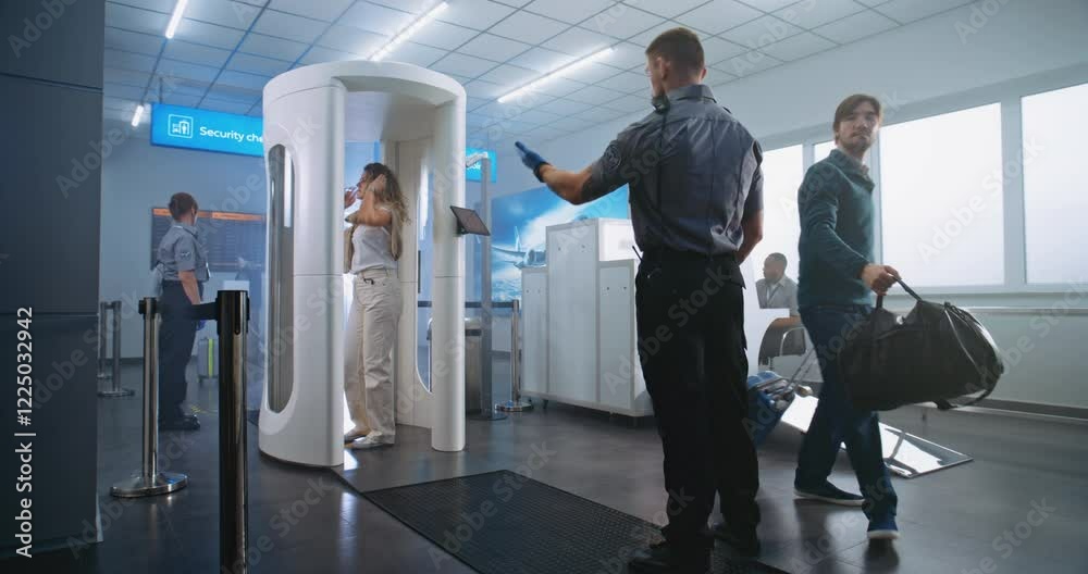Security Check in Airport Terminal: Diverse People Passing Through ...