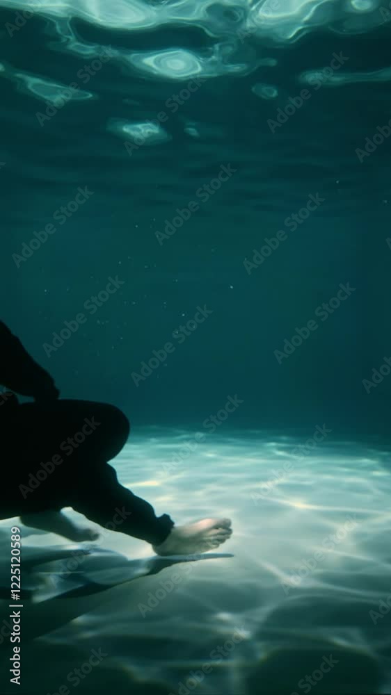 Video Stock Underwater shooting a man in a classic black suit swims in ...