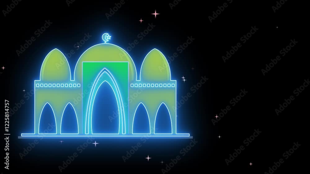 Neon blue glowing mosque animation with a sky background full of ...