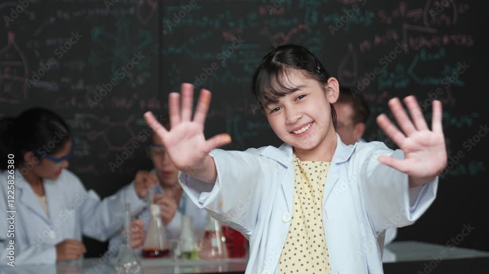 Cute asian scientist waving hand to camera while diverse group doing ...