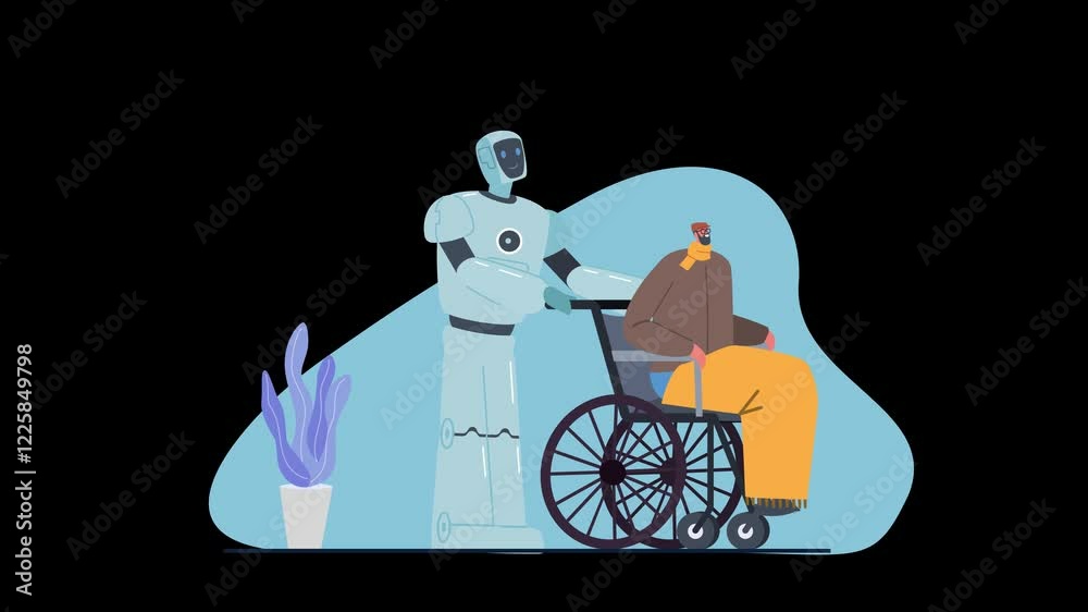 Robot Helping Disabled Old Man | 2D Cartoon Animation | Transparent ...