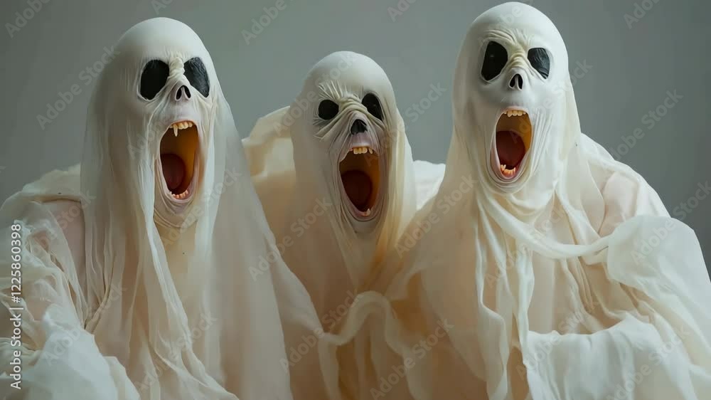 Three white ghosts are huddled together, one of them with its mouth ...