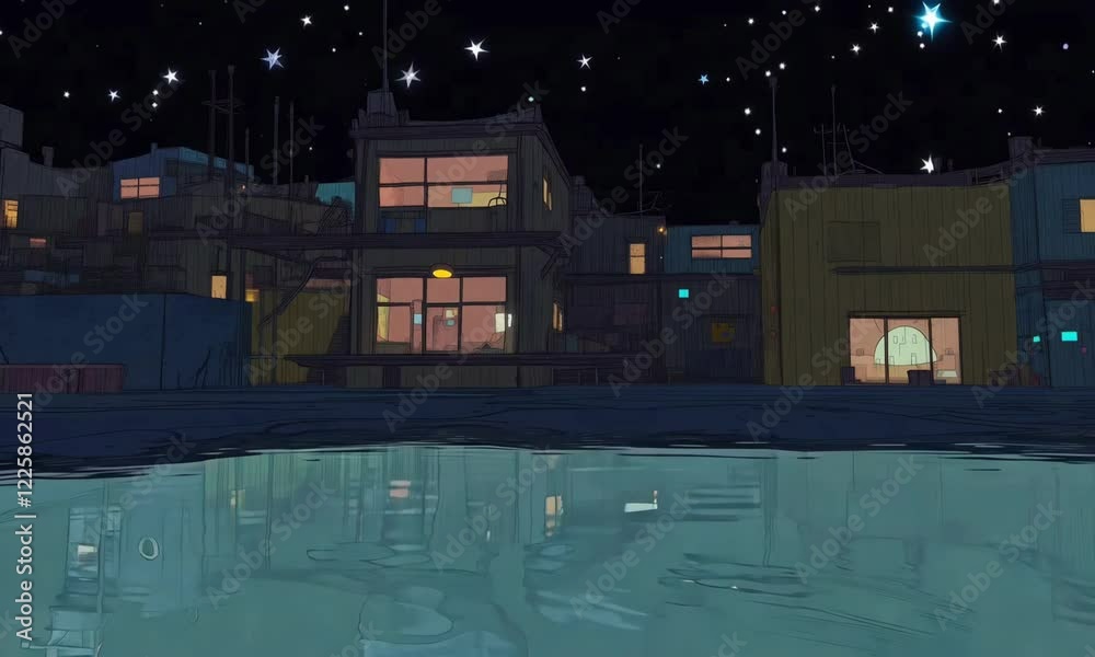 1980s Style Apartment Complex at Night with a Rippling Pool and Falling ...