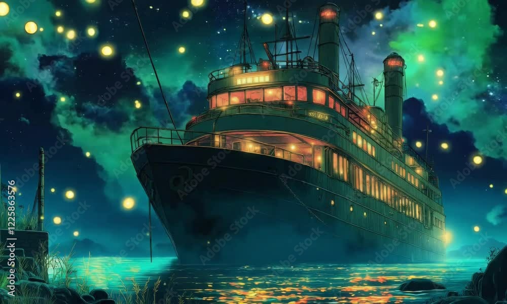Magical Night Scene of a Steamer Ship with Fireflies under Drifting ...