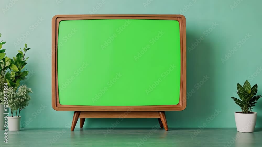 Retro TV with Green Screen in Vintage Living Room Setting, Featuring ...