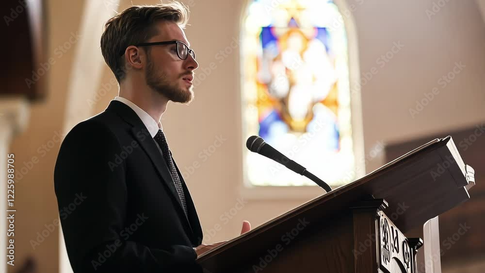 A young gay pastor in a black suit and glasses speaks at a wooden ...