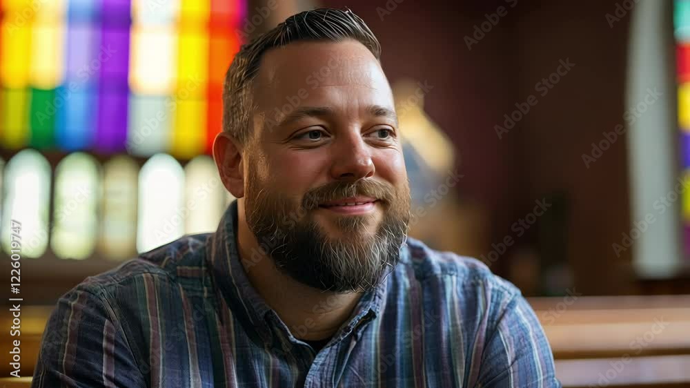 A bearded gay pastor in a plaid shirt sits in an Evangelical Lutheran ...