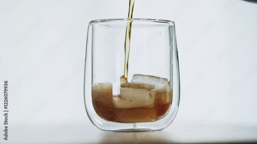 Refreshing cola splashes into glass filled with ice cubes. Carbonated ...