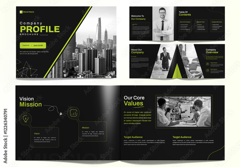 Company Profile Landscape Layout with Black Green Accents Stock ...
