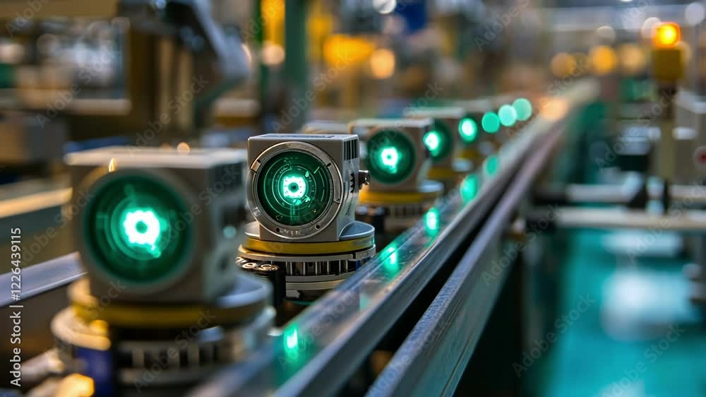 Green lights illuminating a row of sensors on an assembly line inside a ...