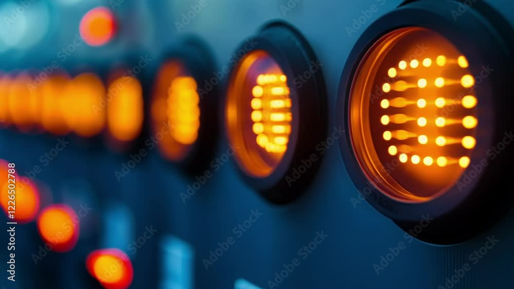 Close up of a server room control panel with glowing orange lights ...