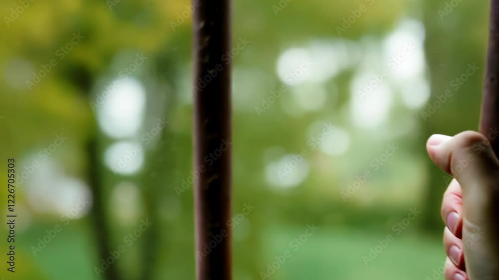 Hands gripping prison bars, blurred natural greenery in background ...