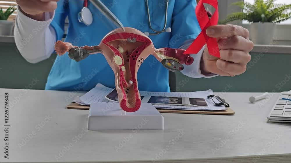 A doctor holds a red ribbon next to an anatomical model of the female ...
