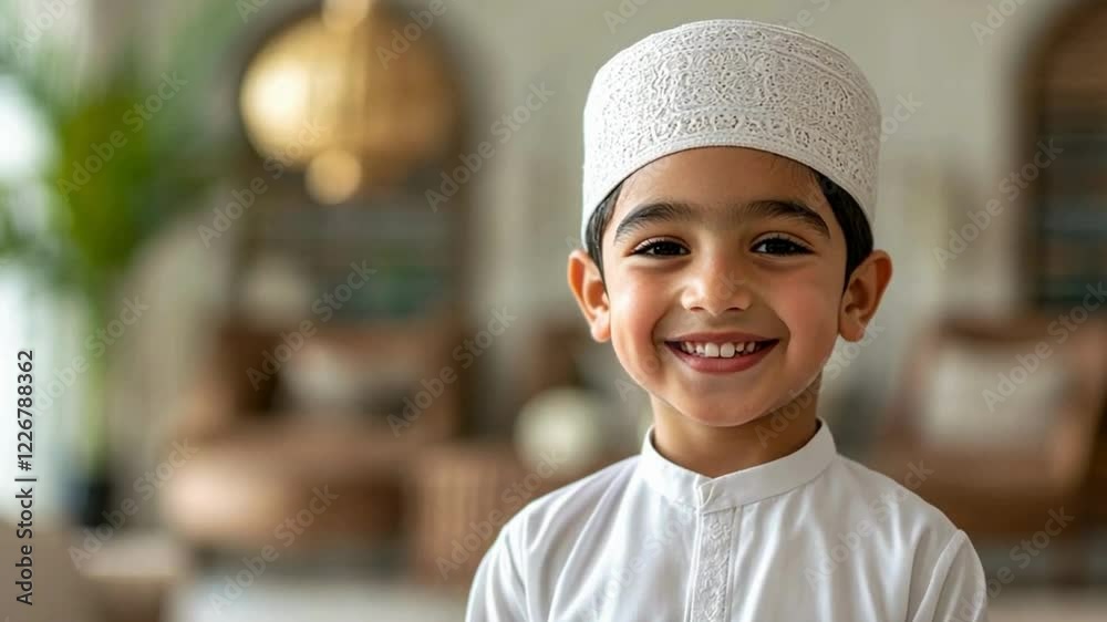 cute muslim kid in white shalwar kameez islamic traditional dress on ...