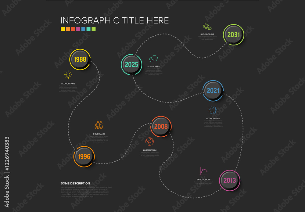 Dark Infographic timeline template with icons and simple content ...