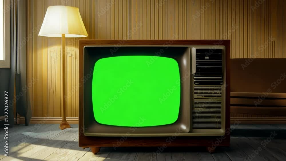 Vintage Television Set Television green screen in a room. 80s Retro TV ...