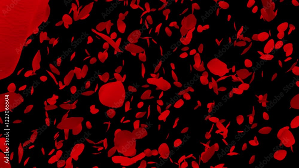 Dark red rose petals with realistic surface structure flying and ...