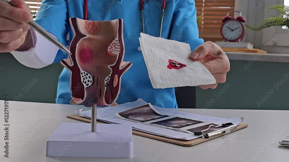 Proctologist and rectum and napkin with blood. Rectal bleeding Rectal ...