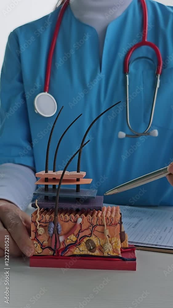 Detailed model of skin anatomy showcasing layers, hair follicles, and ...