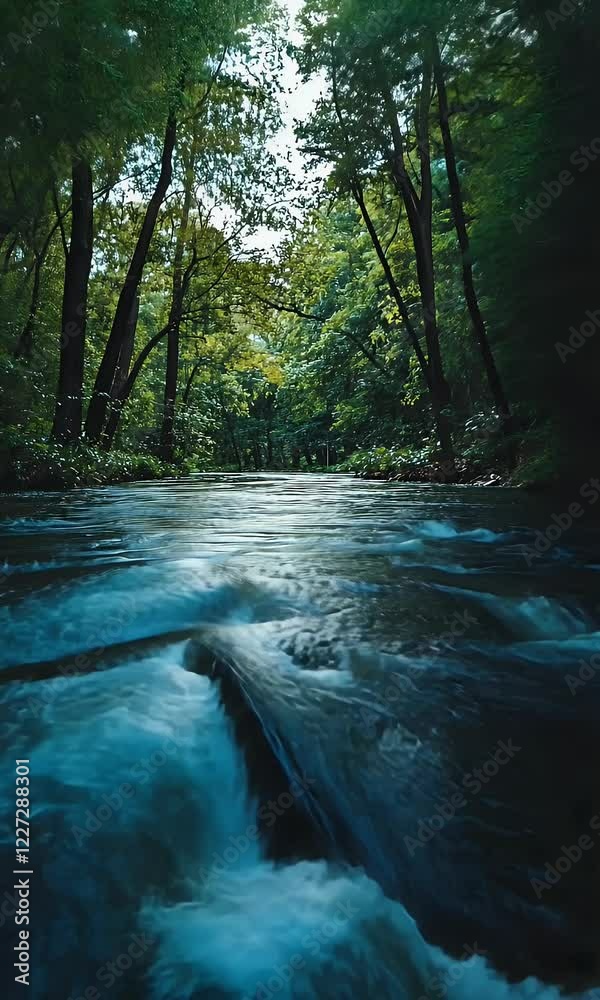 Forest river flowing, lush trees, calm water, nature background ...