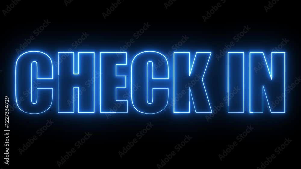 check in text icon animation neon glowing blue color text letter banner ...
