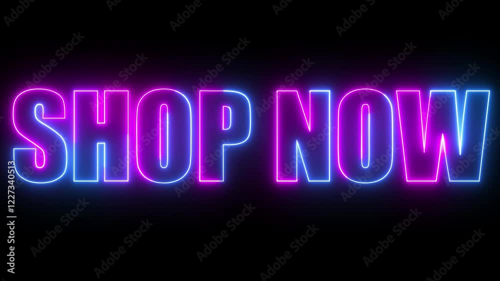 shop now text icon animation neon glowing pink blue color text letter ...