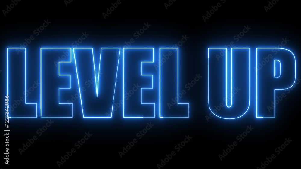 level up text icon animation neon glowing blue color text letter banner ...