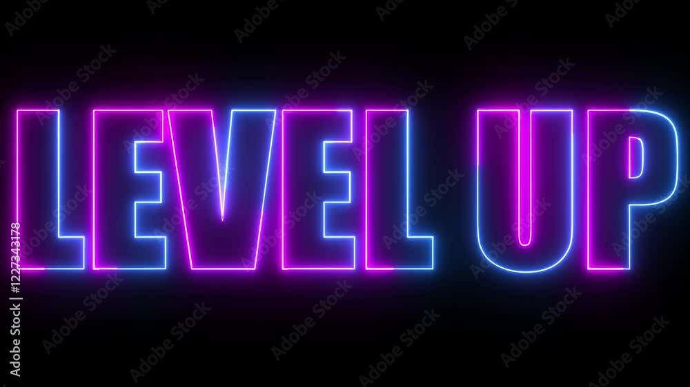 level up text icon animation neon glowing pink blue color text letter ...