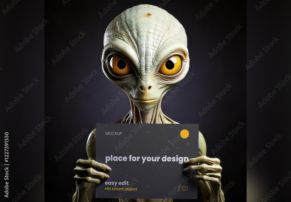 Smiling Alien Holding Horizontal Page Mockup Stock Template | Adobe Stock