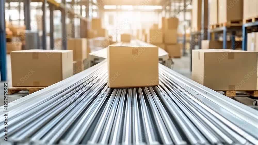 Scene of cardboard box packages on conveyor log, smooth repeating ...