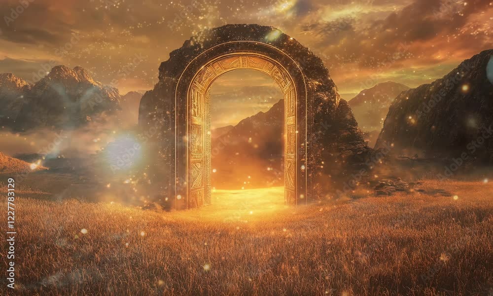 Magical Gateway in a Summer Field Surrounded by Mountains. Anime Style ...