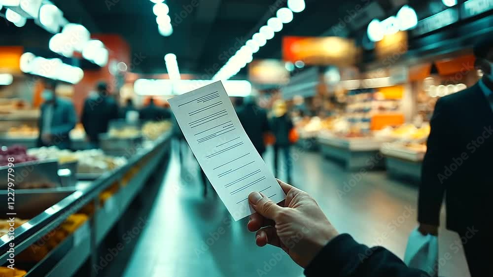 A long receipt is held upright by a hand above a loaded shopping cart ...