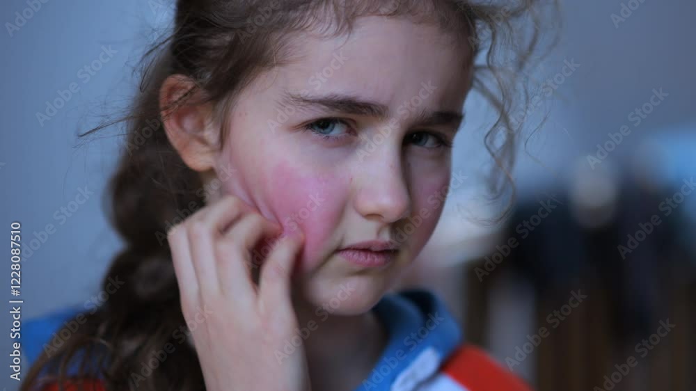 Girl Has Dry Red Skin and Scratching Her Face. Child Scratches Atopic ...