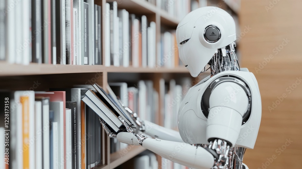 Poster A humanoid robot organizing books on a shelf in a modern home ...