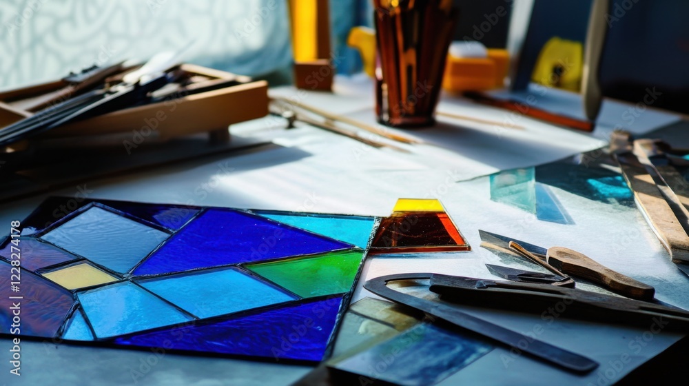 Photo & Art Print Scene of a stained glass making setup, bussi