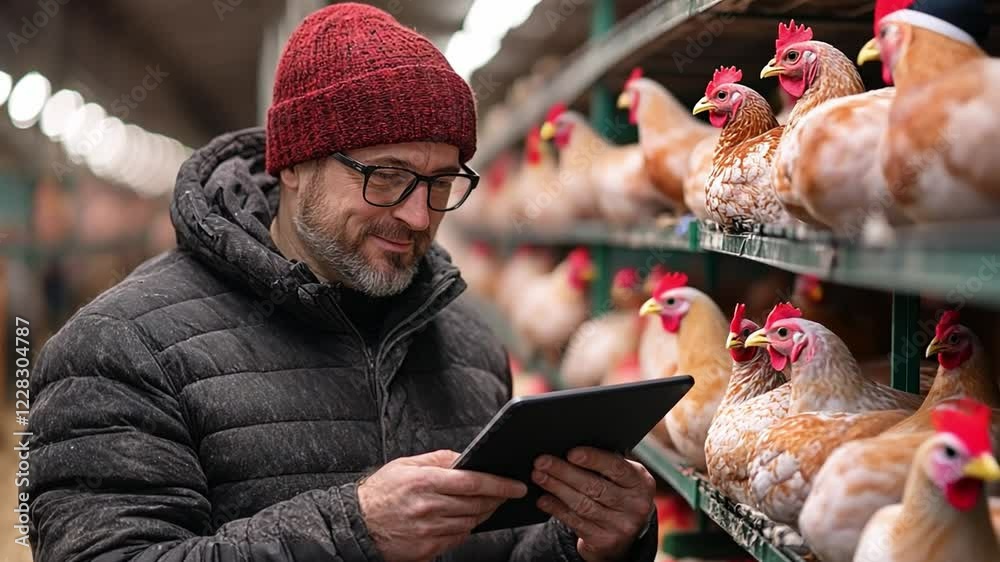 Farmer using tablet in chicken coop: A smiling farmer checks his tablet ...