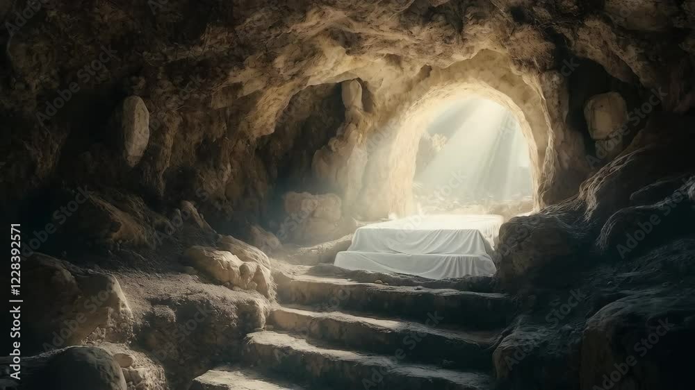 Empty tomb with light shining from inside. Resurrection Of Jesus Christ ...